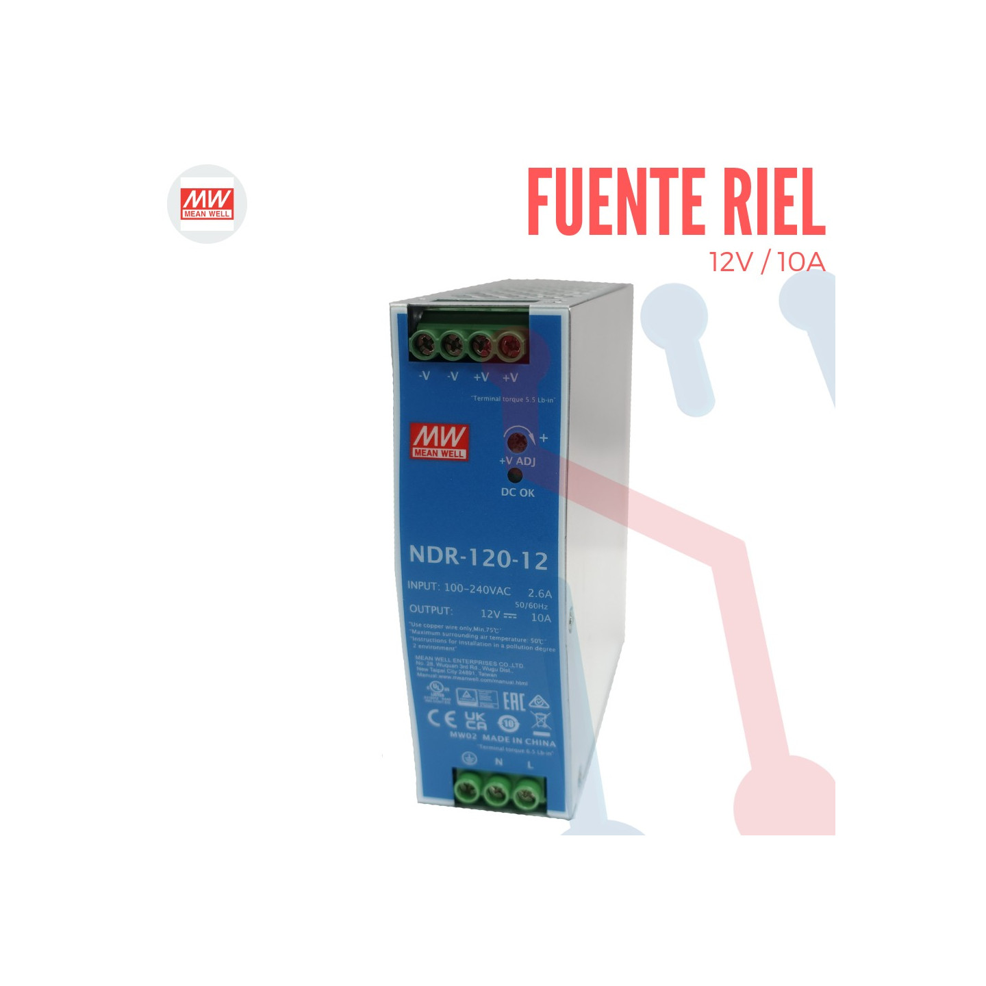 Fuente Riel 12V 10A Mean Well