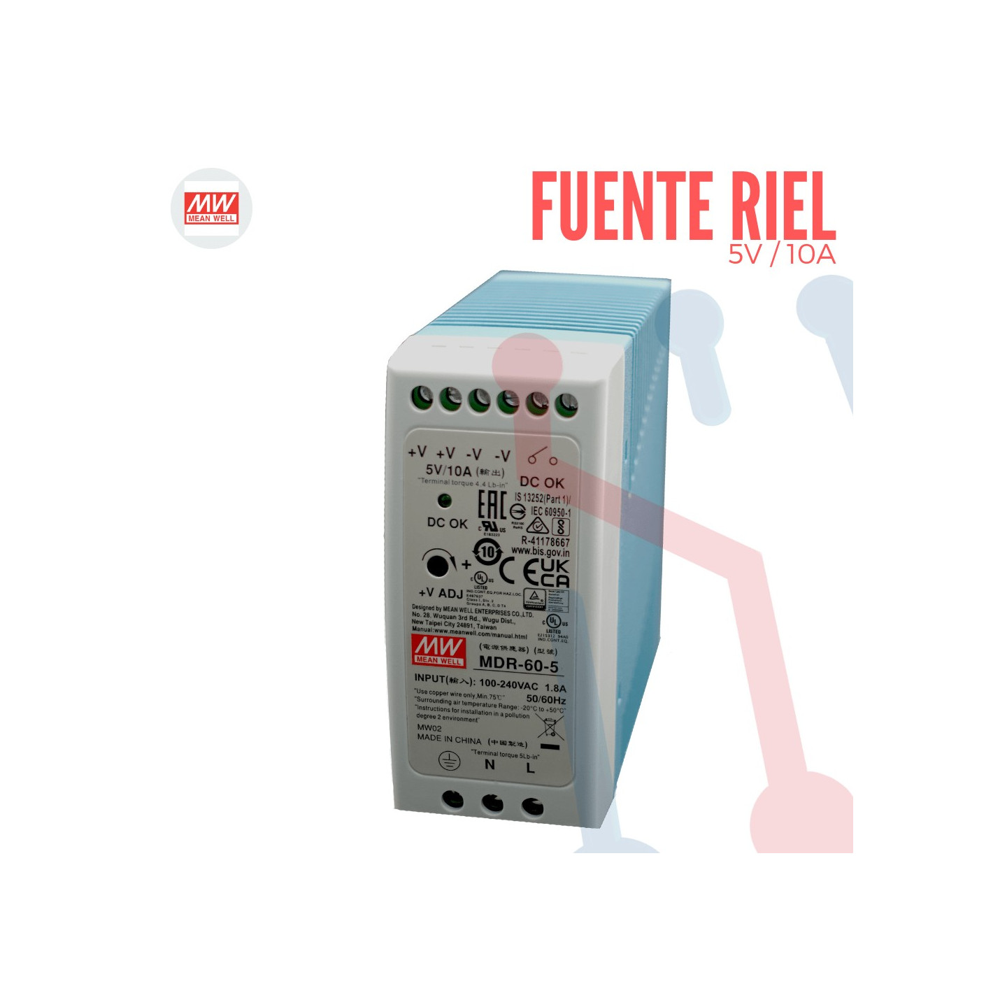 Fuente Riel 5V 10A Mean Well